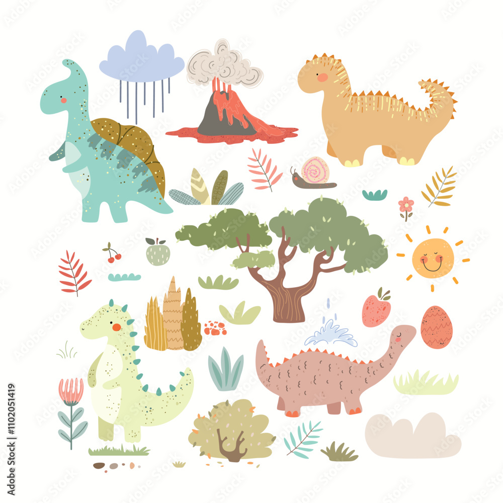 Set with dino, plants, fruits, volcano, snails, rainbows,sun. Kids ...