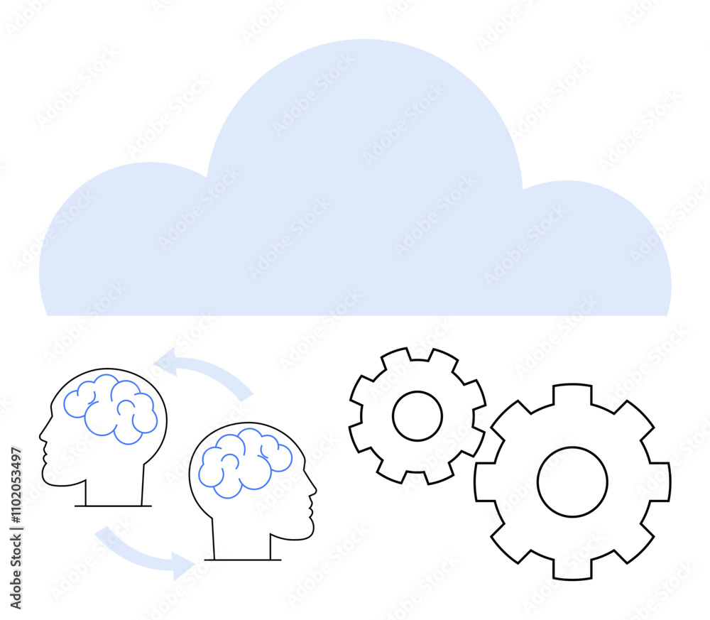 Two human heads with brain icons, exchange arrows, gear mechanisms, and a cloud symbol. Ideal ...