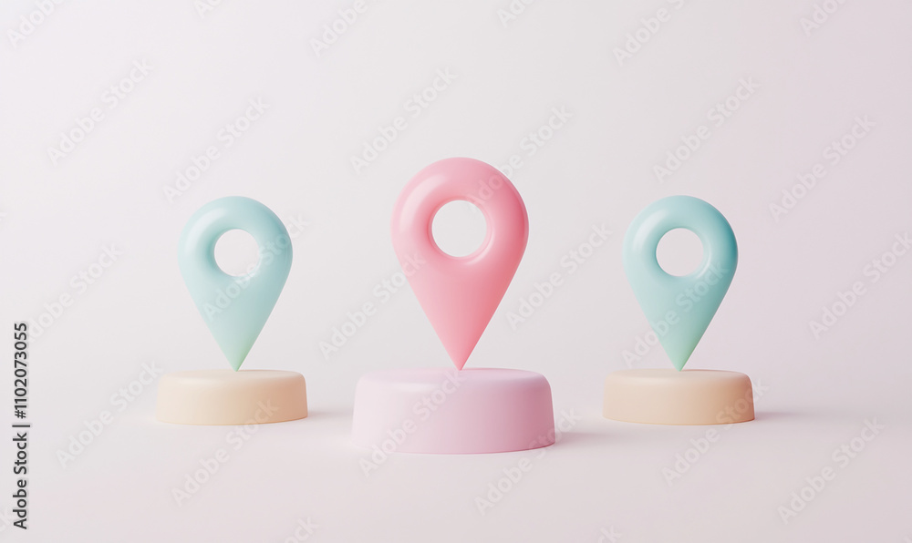 Design of three-dimensional road map icons in pastel colors, on a white ...