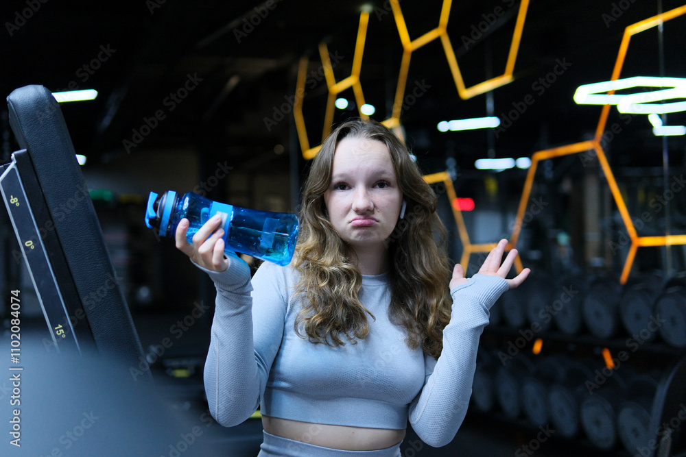 Teenage girl taking a break from boxing in gym. Teen girl tired in the ...