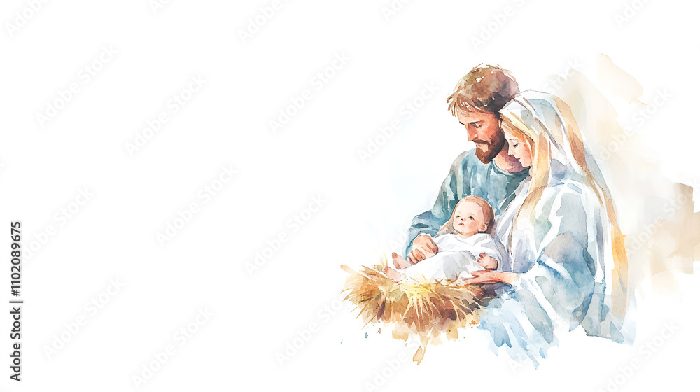 Watercolor painting representing Nativity scene in Bethlehem. Christmas ...