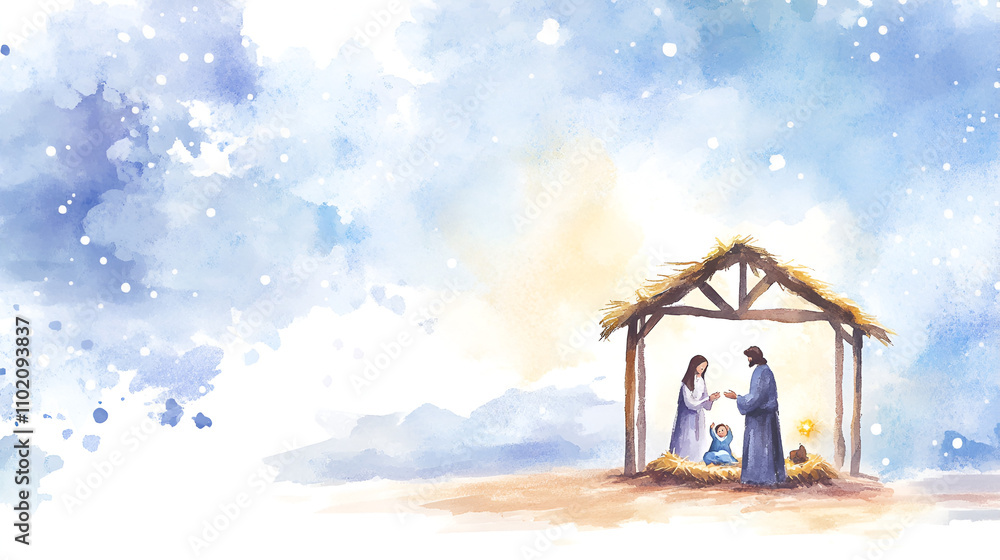 Watercolor painting representing Nativity scene in Bethlehem.Christmas ...