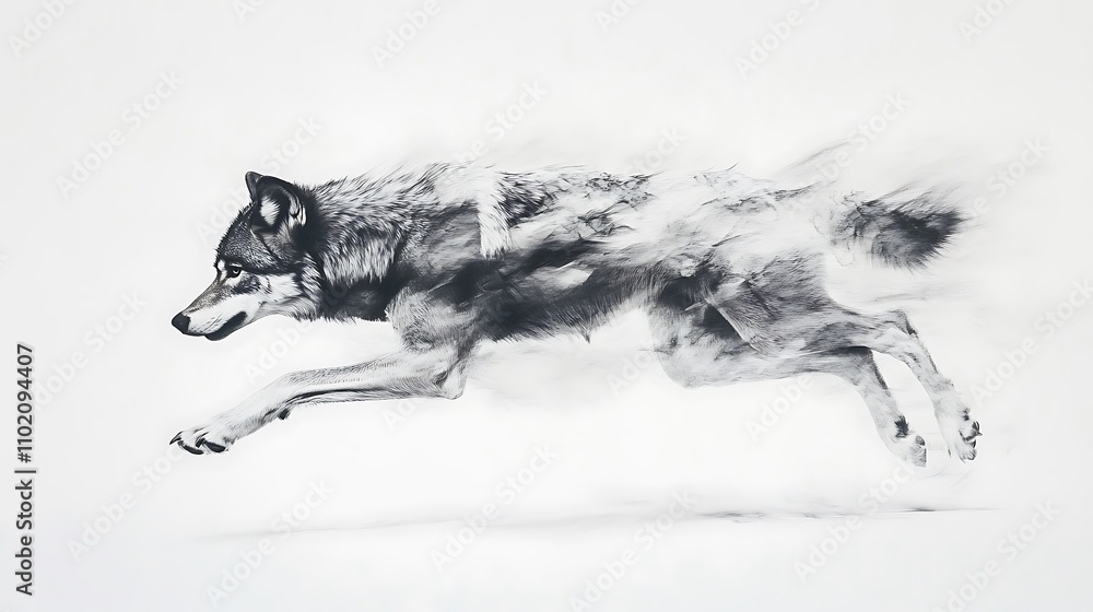 A wolf in mid-sprint, with its body stretched out and legs extended ...