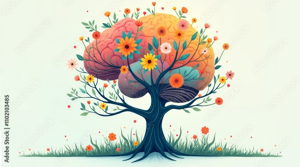 Human brain tree with flowers, self care and mental health concept ...