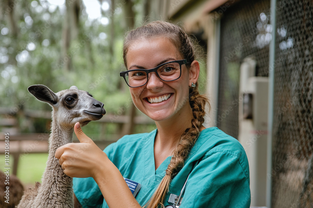 Female zookeeper giving thumbs up while assisting with veterinary procedure. Stock Photo | Adobe ...