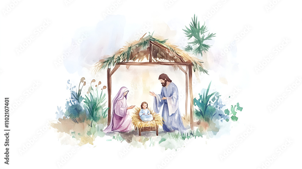 Watercolor painting representing Nativity scene in Bethlehem. Christmas ...