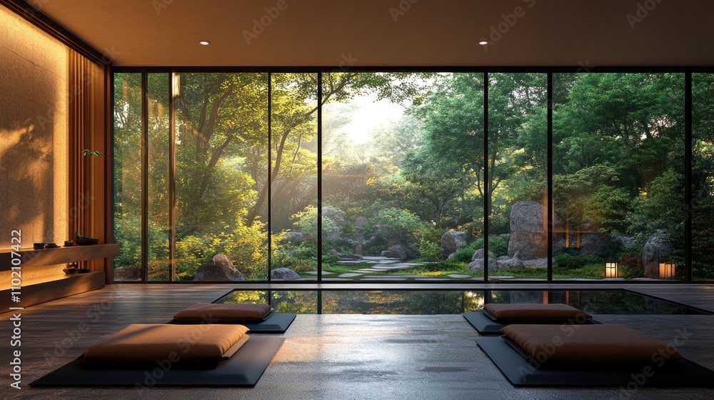 Room for meditation, with huge windows, yoga cushions on the floor and ...