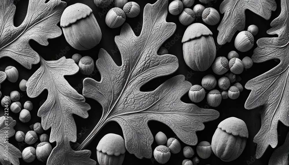 Engraved style depiction of oak leaves with scattered acorns elegant ...