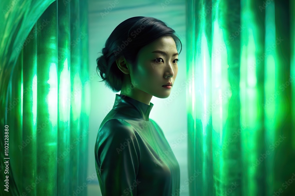 Model hidden behind mirror pattern. Beautiful girl. Reeded Glass ...