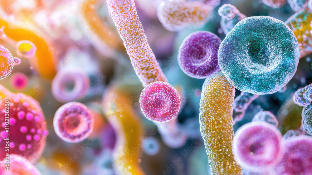 vibrant, microscope level view of colorful bacteria growing on agar showcases intricate details ...