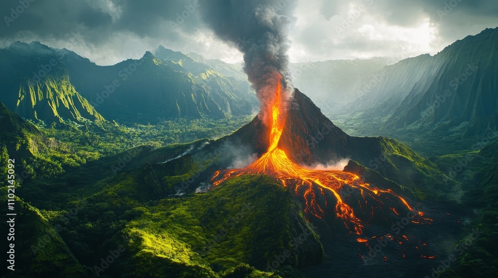 Volcanic Eruption in Lush Green Valley - Majestic volcano erupting lava ...