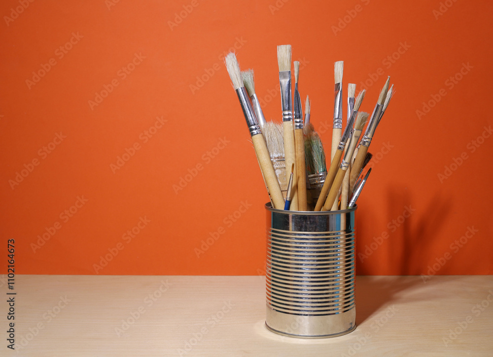 brushes for painting of different shapes and sizes in a tin can Stock ...