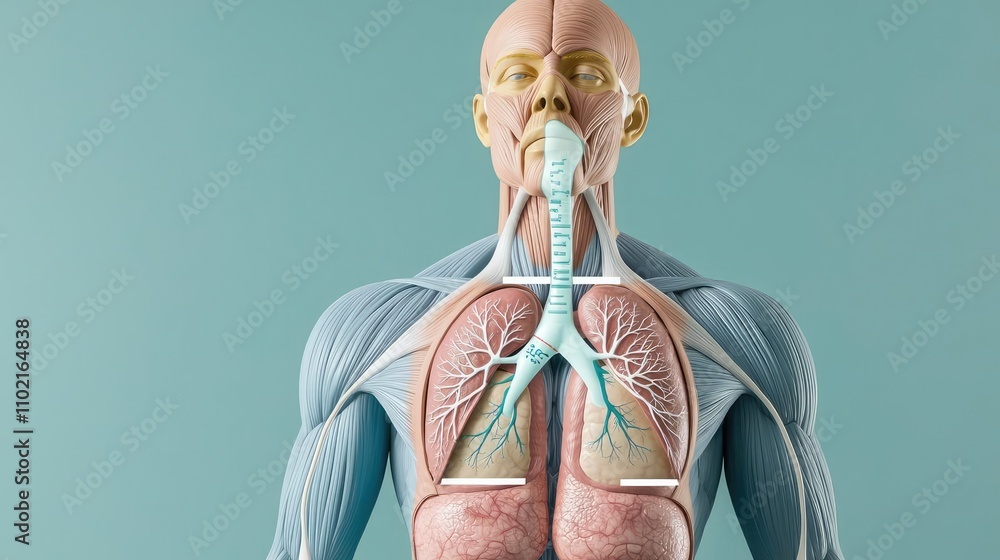Detailed anatomical model of the human respiratory system, featuring ...