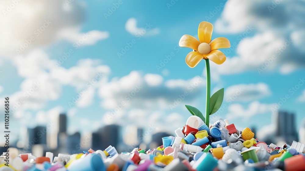 Plastic pollution and waste reduction A flower growing amidst colorful ...