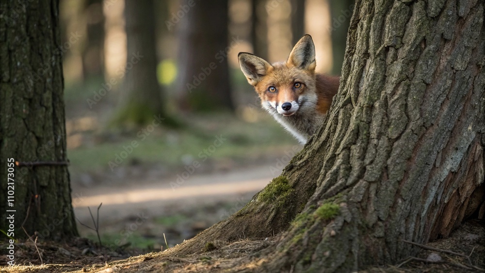 Illustration of a fox peeking from behind a tree trunk, hidden face ...