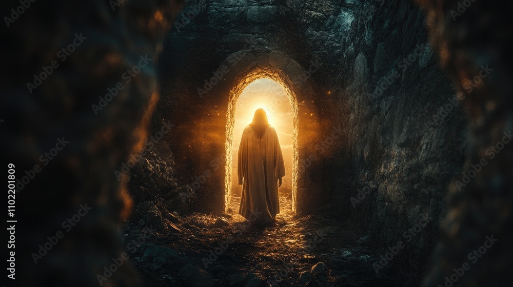 Jesus Christ emerging from the tomb in resurrection light Stock ...