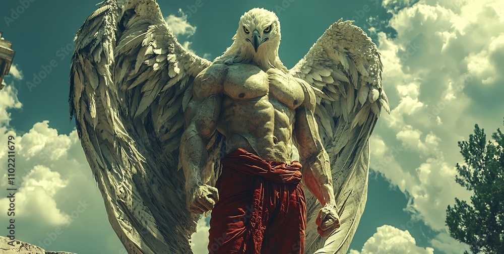 Powerful Winged Warrior Bodybuilder Flexing Muscles on Rocky Outcrop ...