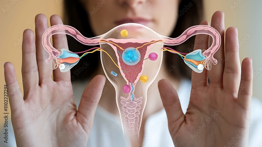 Woman hands touching virtual uterus, female reproductive system , woman ...