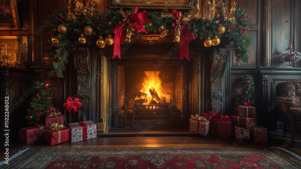 Traditional wood fireplace with bright burning fire, decorated with ...