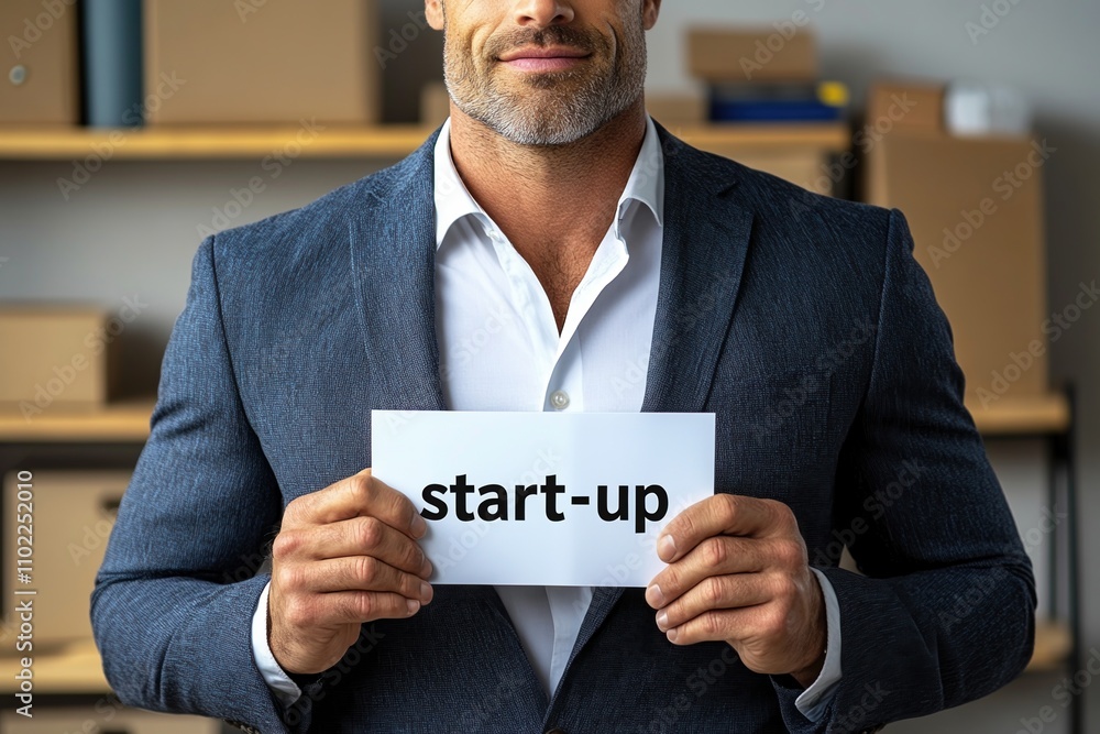 Businessman launches new venture holding start-up sign in modern office ...