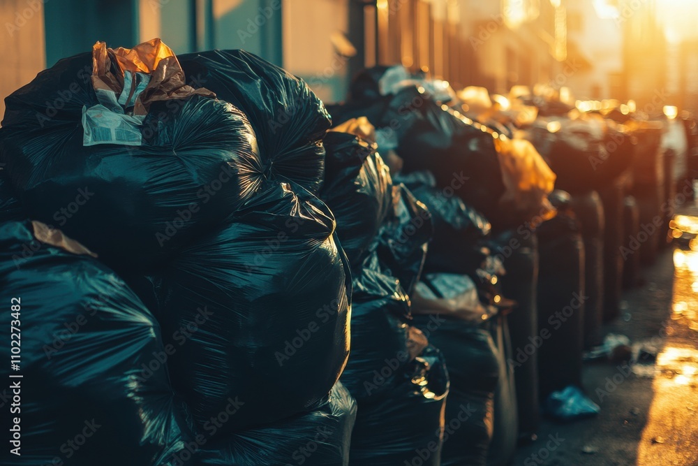 Piles of Black Garbage Bags Lining a City Street at Sunset, Capturing ...