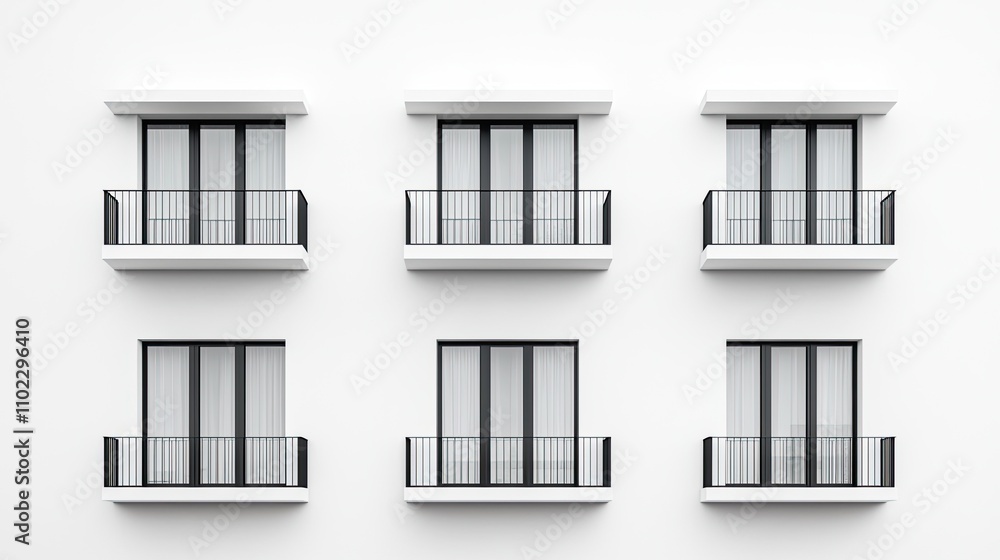 A modern facade featuring six identical windows with balconies ...