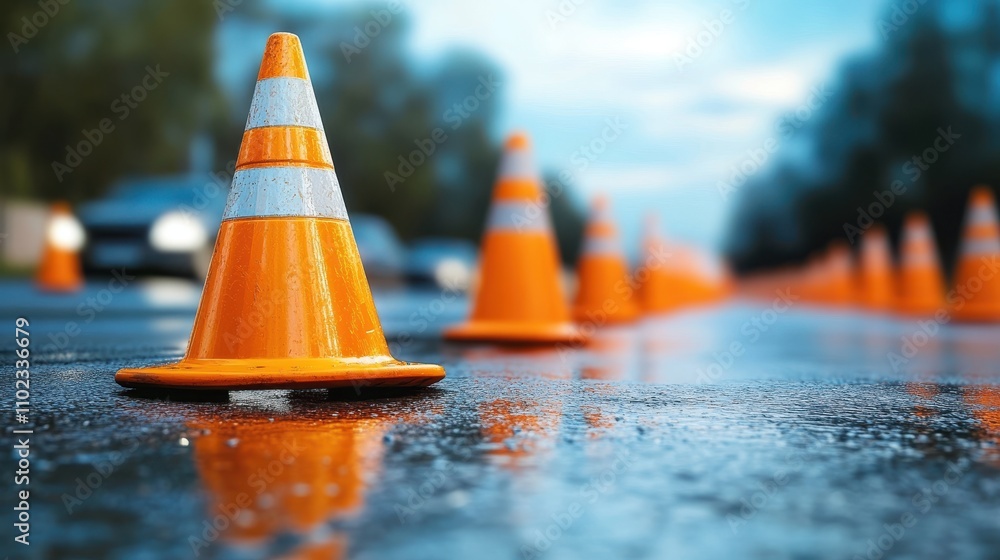 Traffic cones form a straight line along a wet city street, reflecting ...