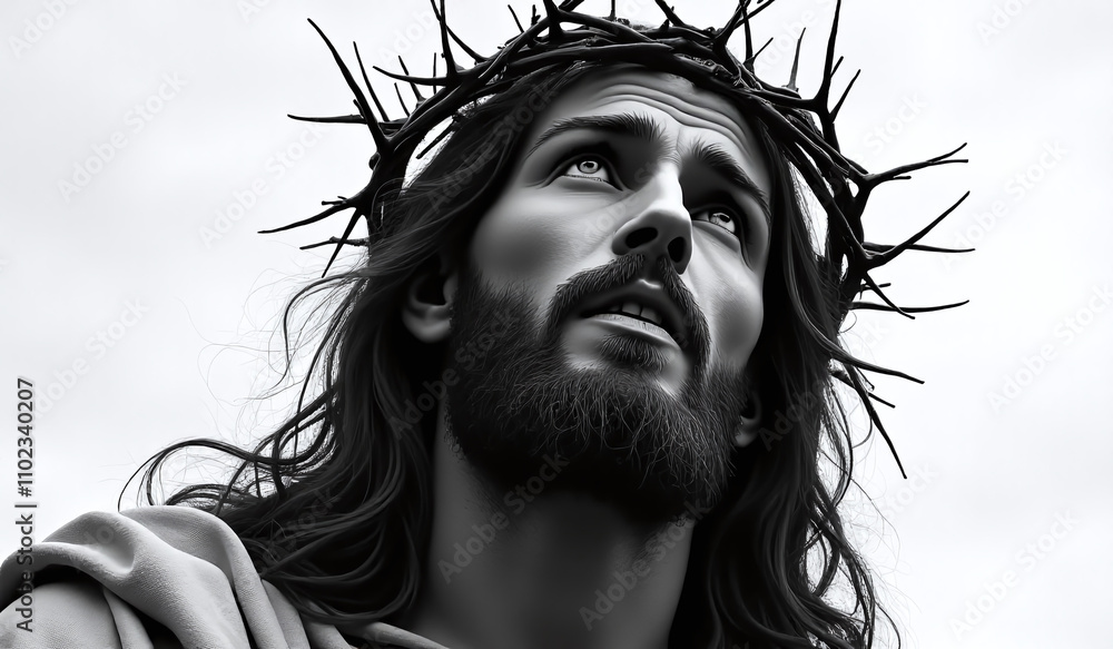 black white crown thorns artwork depicting jesus christ somber solemn ...