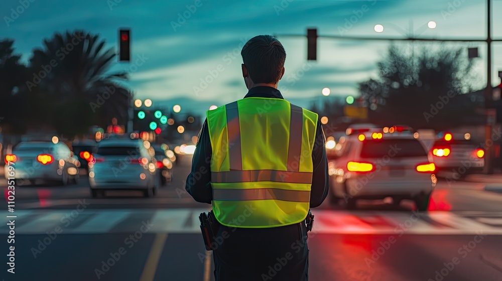 Highway patrol officer controlling road traffic in a bright neon vest ...