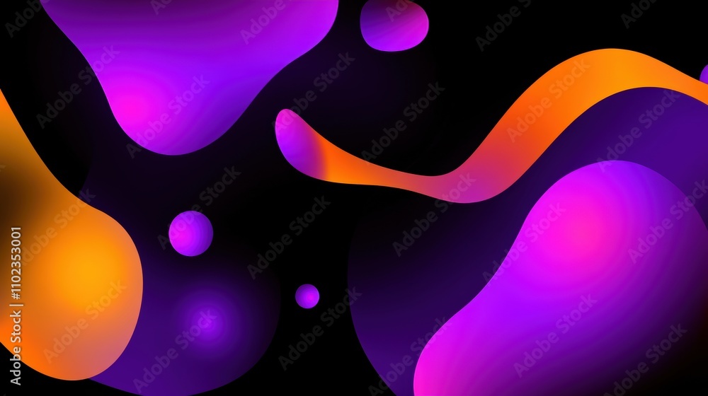 Abstract retro-inspired background featuring vibrant blobs of glowing purple, orange, and pink ...