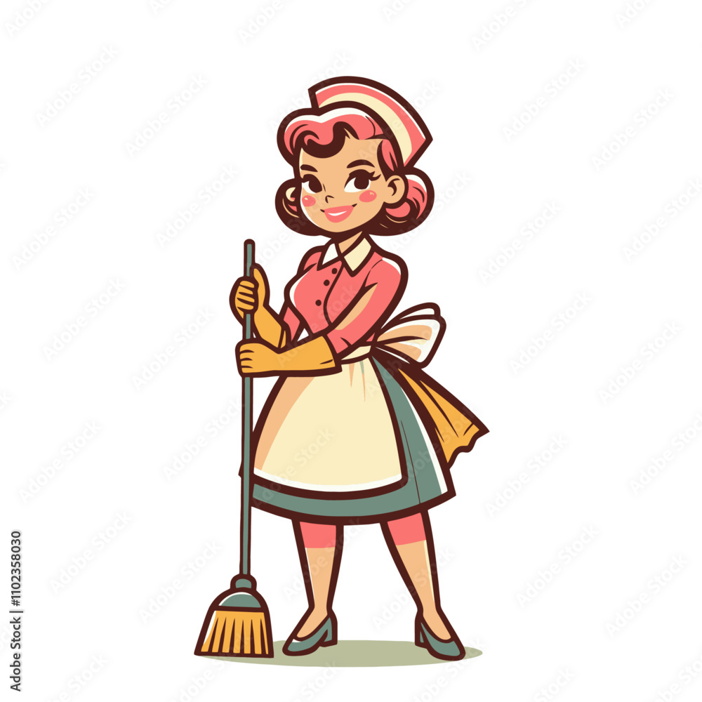 Retro maid holding a broom, vintage housekeeper illustration, cheerful ...