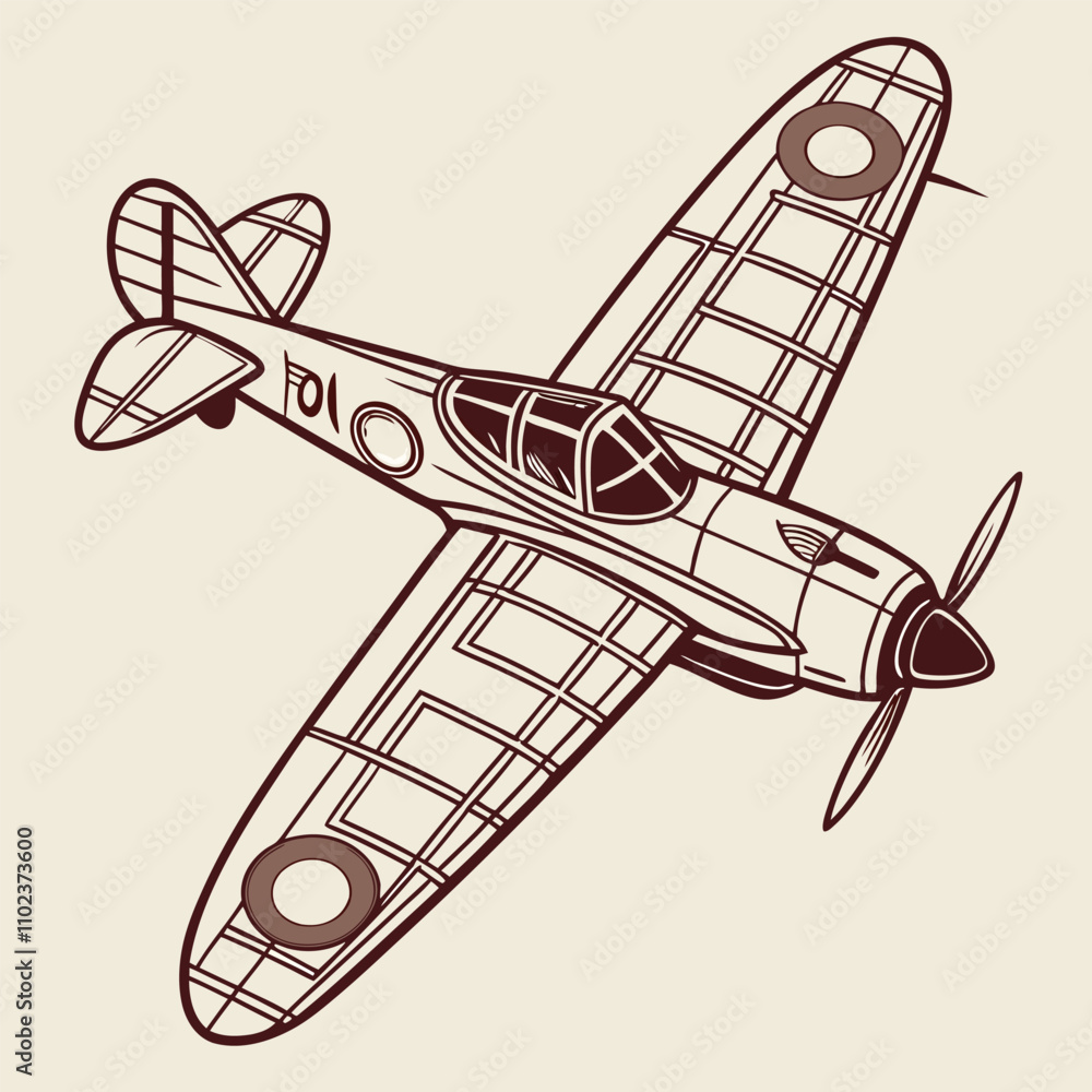 Vintage WWII Fighter Plane Vector EPS Illustration - Detailed Line Art ...