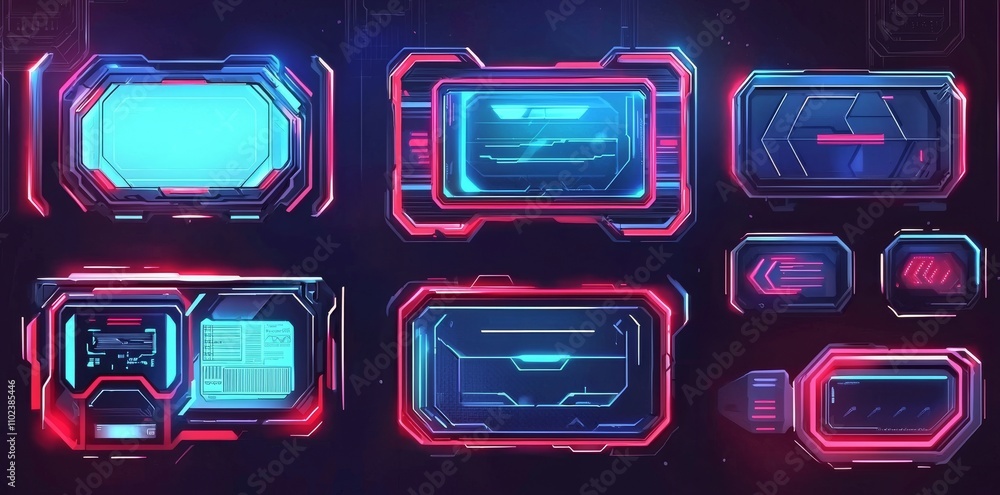 A range of red and blue futuristic HUD elements, featuring various ...