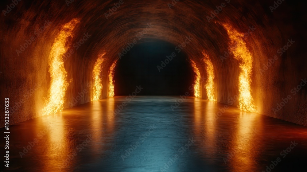 A narrow tunnel with flames licking its walls, creating a stark ...