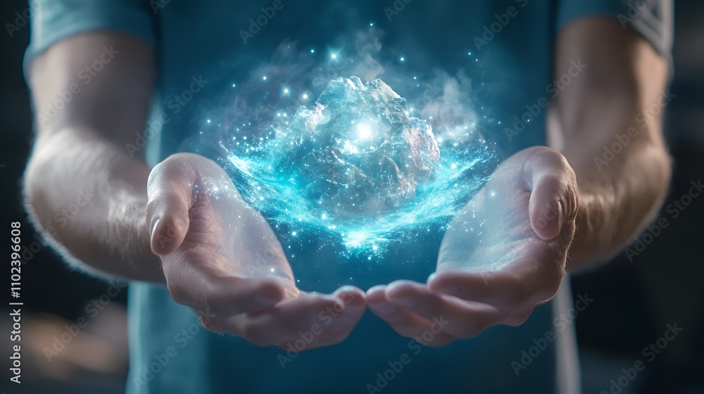Person holding a glowing magical orb with sparkling energy effects in ...