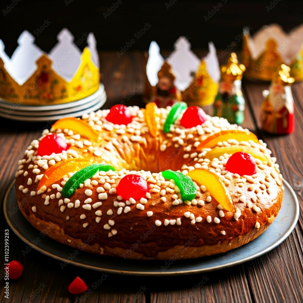 Rosca de Reyes decorated with candied fruits and pearl sugar ...