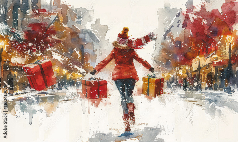 Christmas boxes presents on the ground. Busy female customer in hurry ...