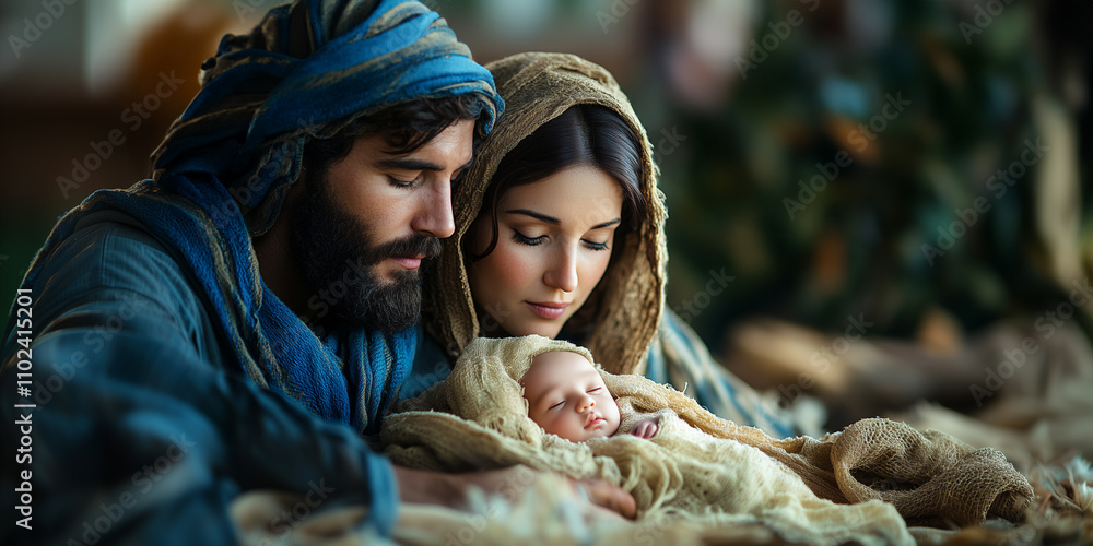 Holy family nativity Scene. Birth of Jesus Christ. Merry Christmas ...