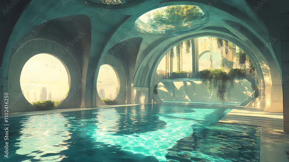 Liminal space architecture render interior pool. Liminal. Illustration ...