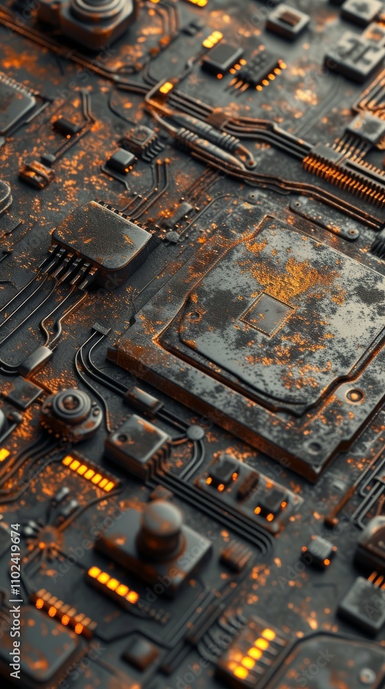 A highly detailed depiction of a futuristic circuit board featuring rusted textures and ...