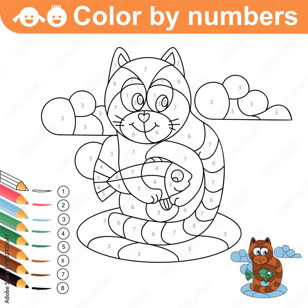 Coloring page by Numbers. Cute Cat with fish. Coloring puzzle with ...