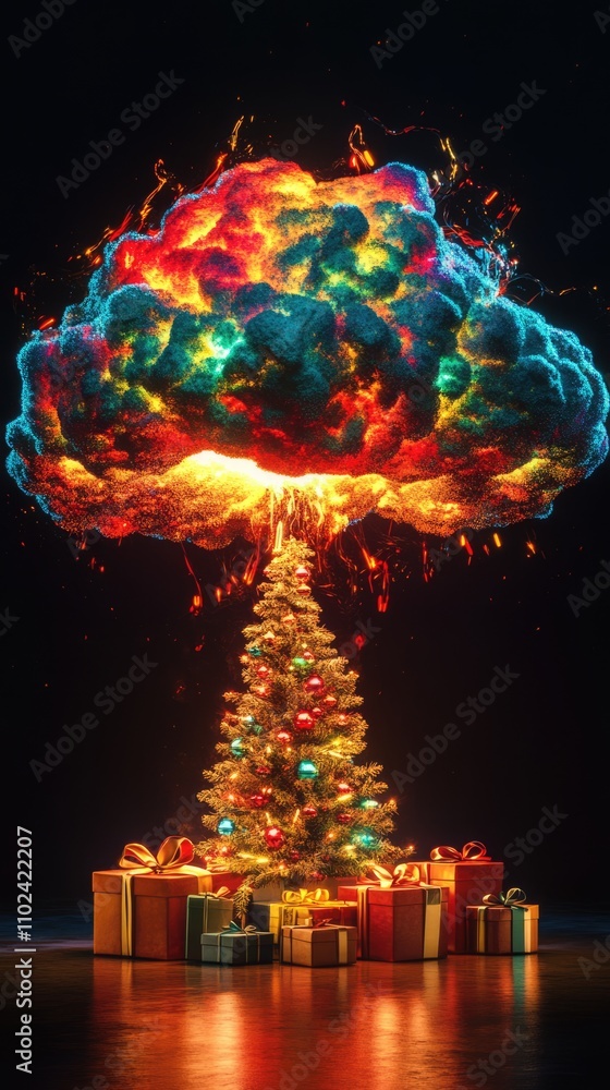 Colourful nuclear mushroom cloud above an illuminated Christmas tree ...