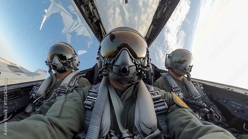 Inside cockpit of military jets, three pilots in flight suits, helmets ...