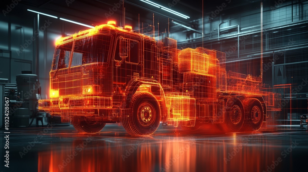 A fire truck is displayed in a glowing wireframe design, emphasizing ...