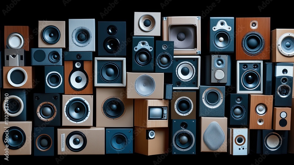 Cardboard boxes stacked high display speakers that showcase the ...