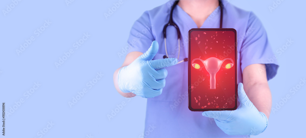 Image of uterus on doctor's tablet. Female reproductive health concept ...