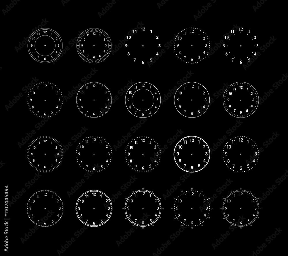 Mechanical clock faces with arabic numerals, bezel. Timer or stopwatch ...