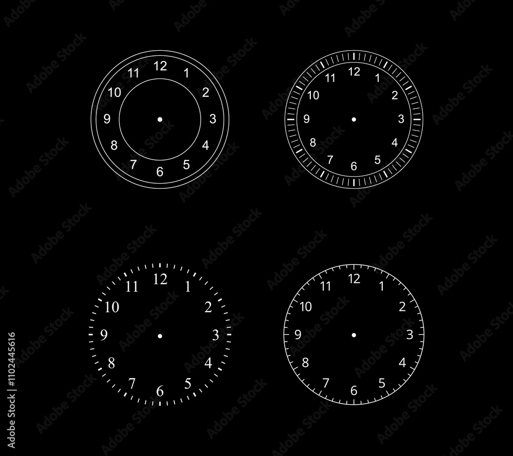 Mechanical clock faces with arabic numerals, bezel. Timer or stopwatch ...
