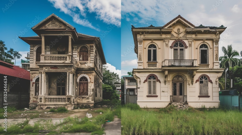 A striking comparison of two mansions: one old and decaying, the other ...