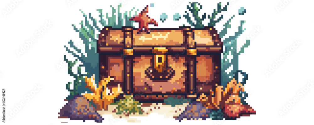 Illustrate a pixelated undersea treasure chest, pixel art on white ...